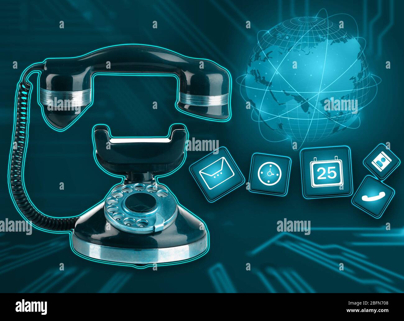 Retro phone with icons on telephone network background Stock Photo - Alamy
