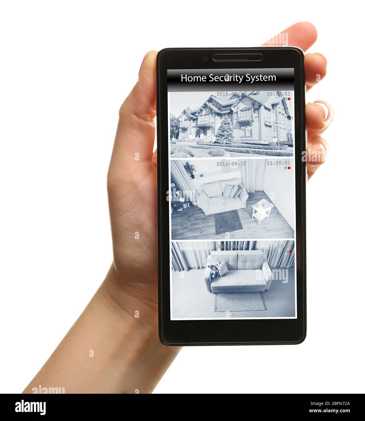 Female hand holding a smartphone isolated on white. Home security ...