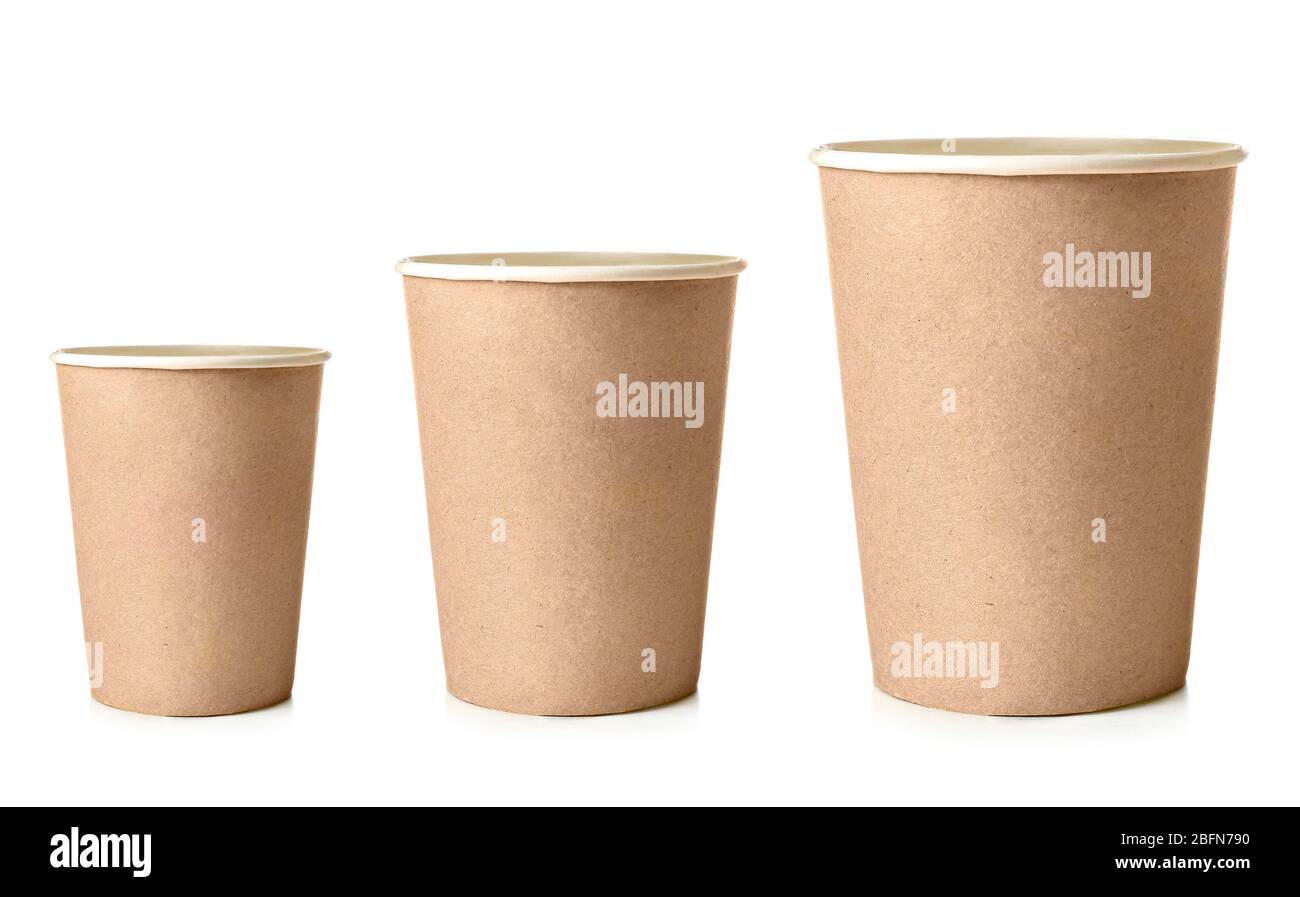 Three paper cups different sizes isolated on white Stock Photo - Alamy
