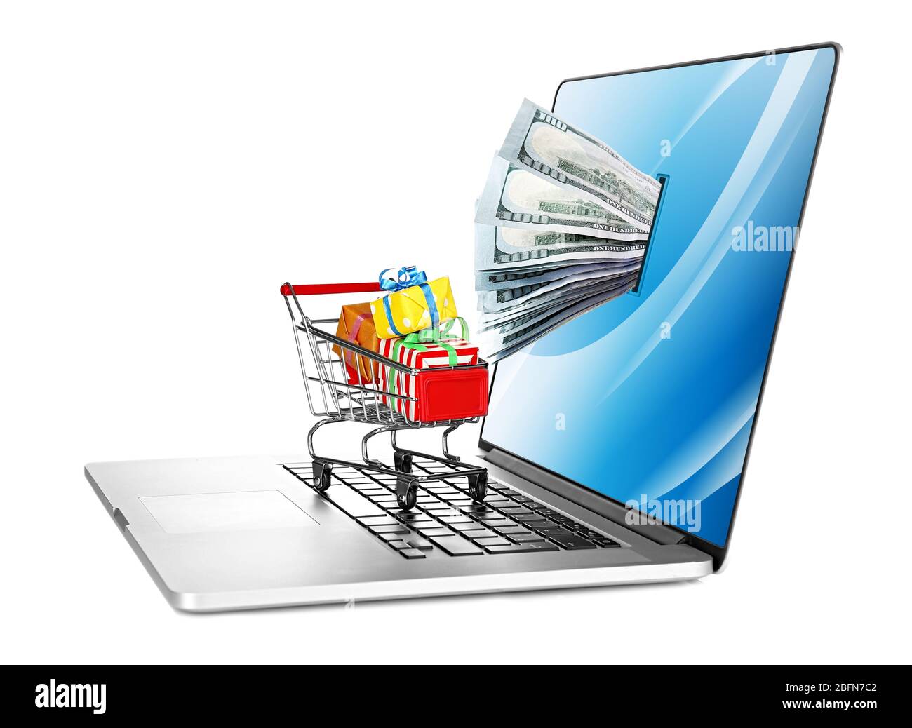 Online shopping concept. Laptop with money from monitor screen and ...
