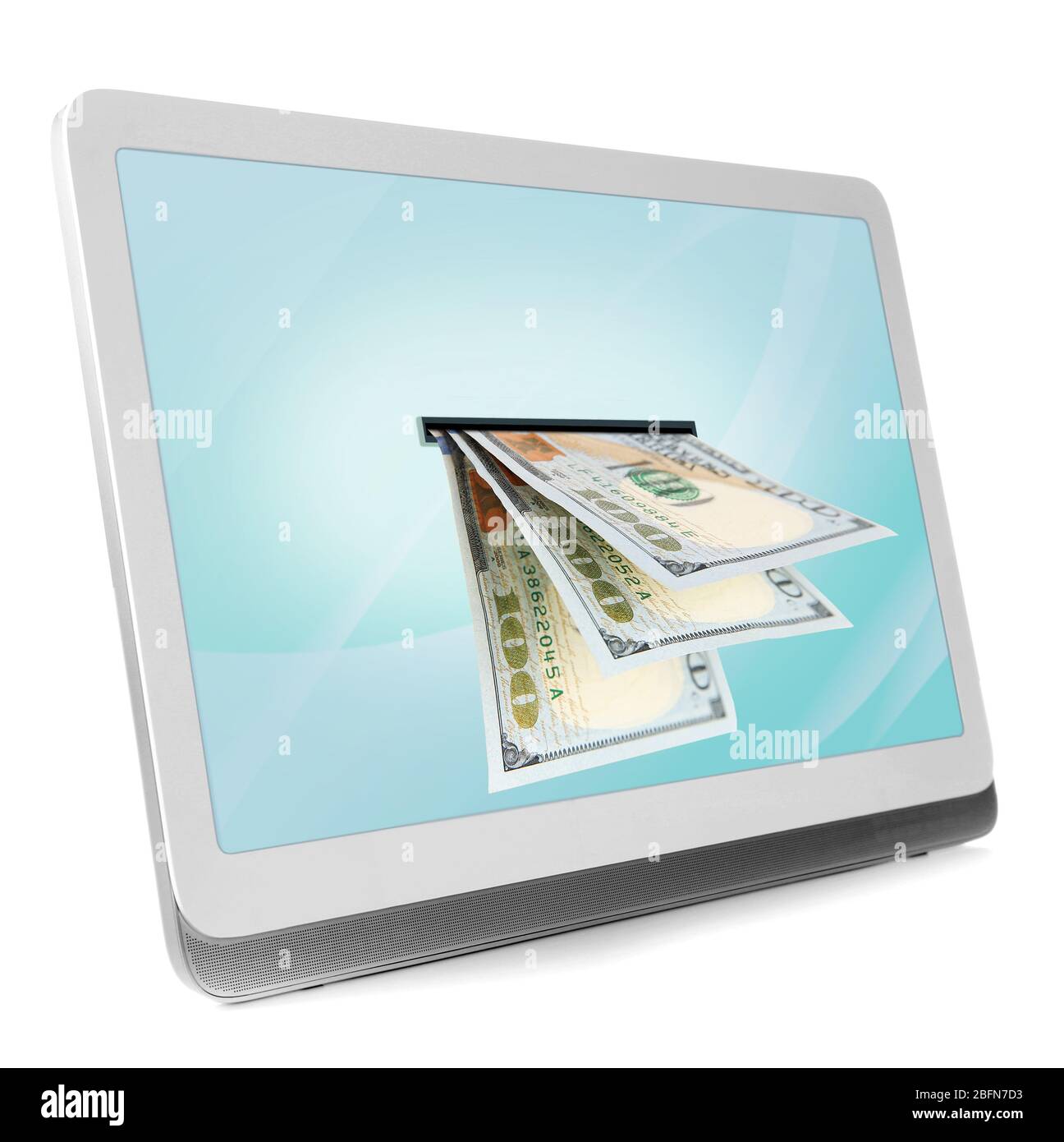 Modern tablet pc with money from screen isolated on white Stock Photo ...
