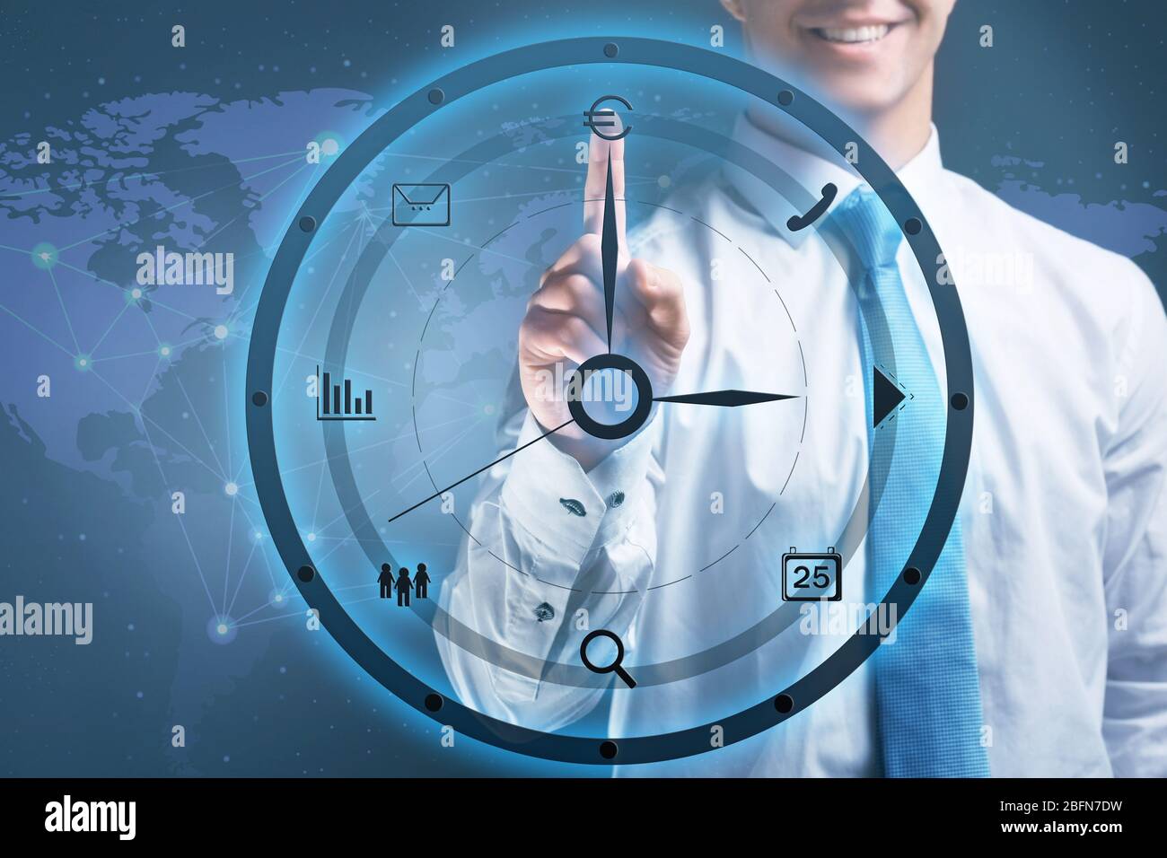Businessman hand pushing time icon on virtual screen Stock Photo - Alamy