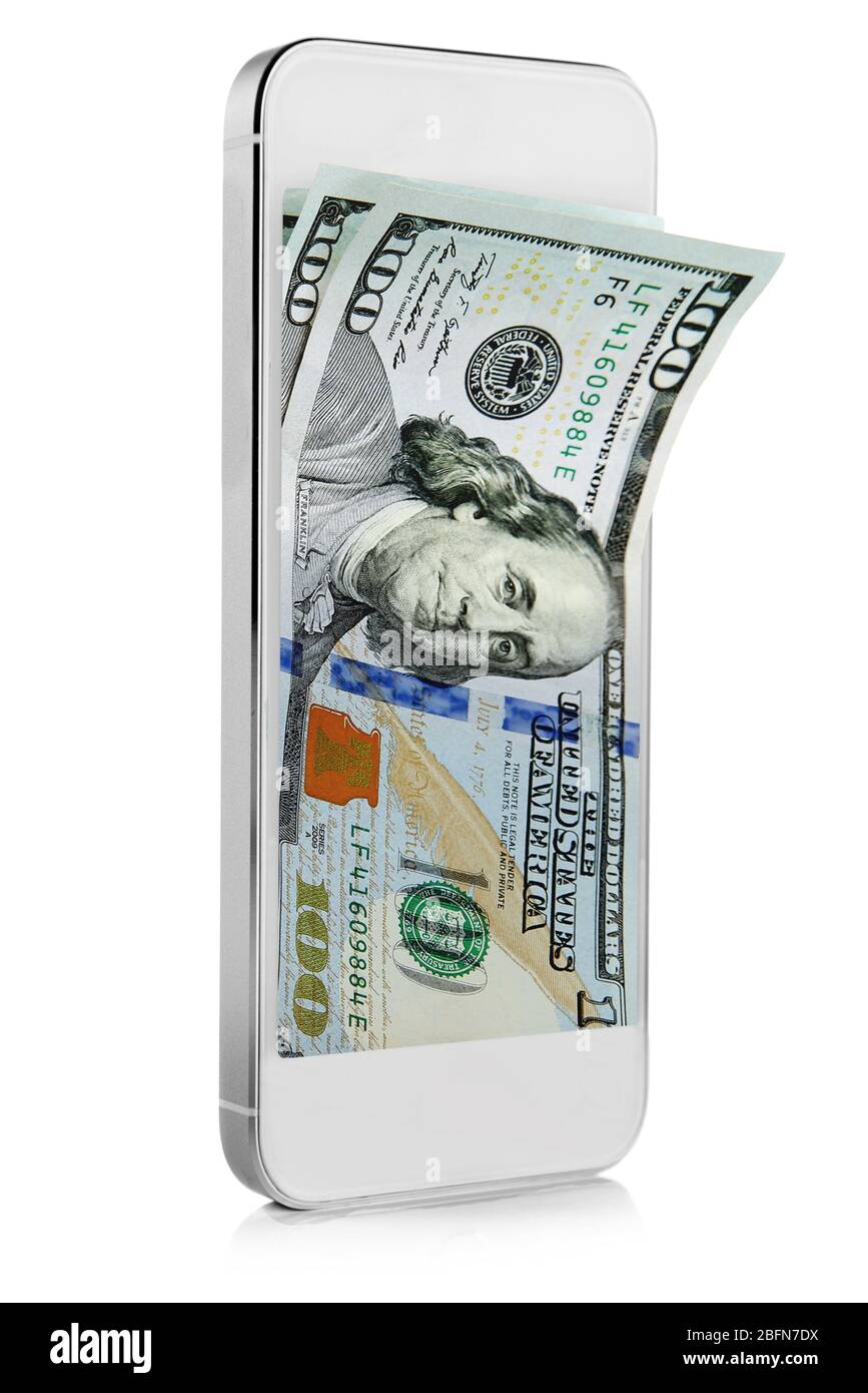 Mobile smart phone with money from screen isolated on white Stock Photo ...