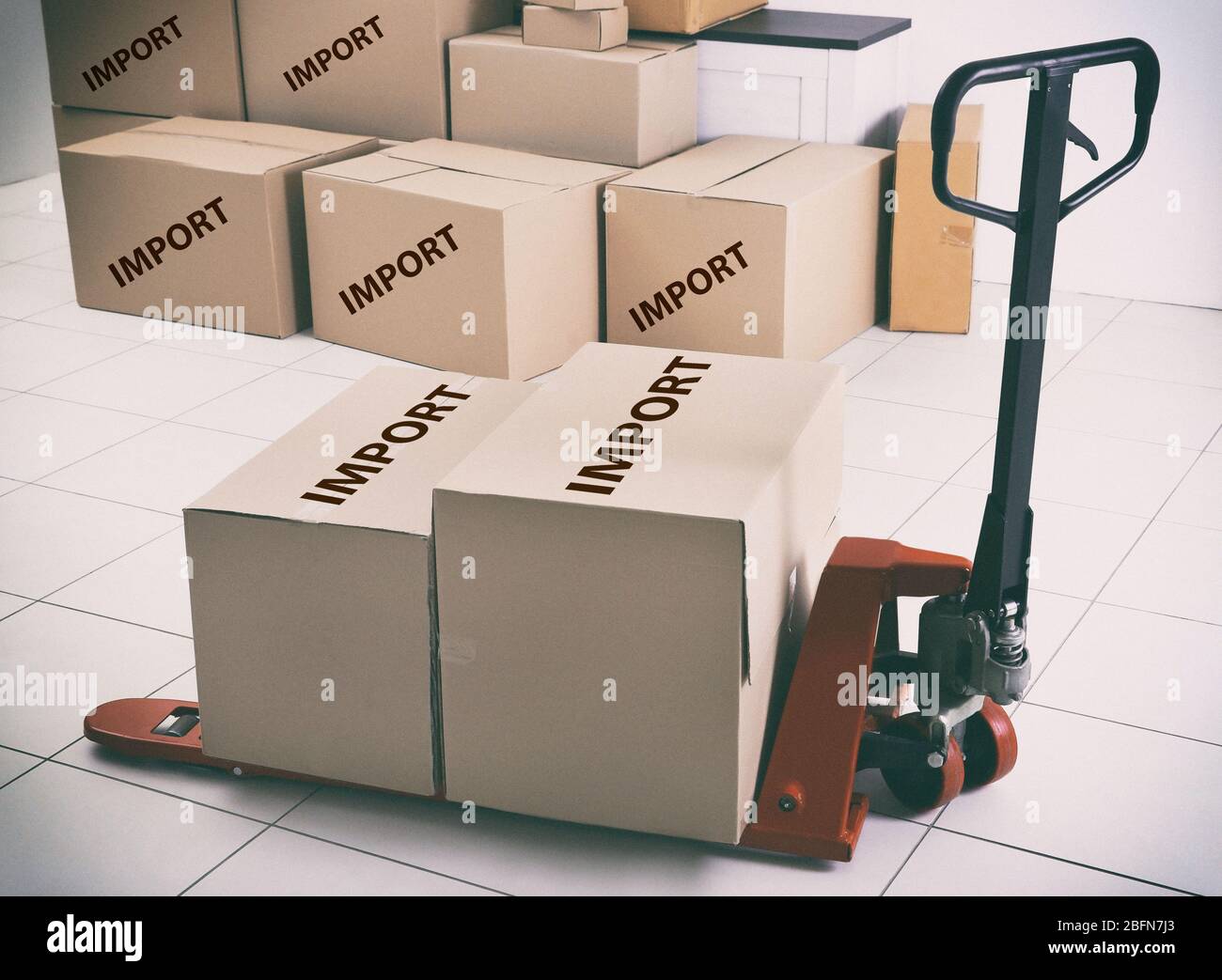 Manual pallet truck with carton boxes and text Import Stock Photo - Alamy