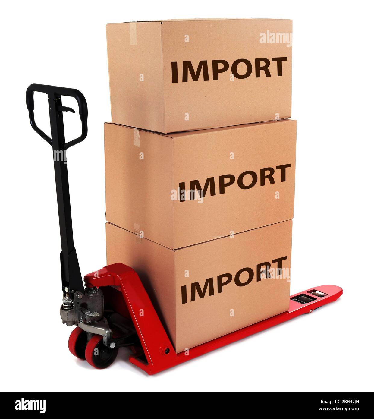 Fork pallet truck with carton boxes and text Import isolated on white ...