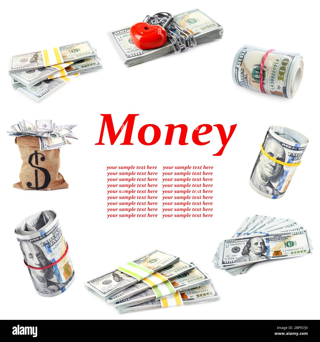Collage of money isolated on white Stock Photo - Alamy
