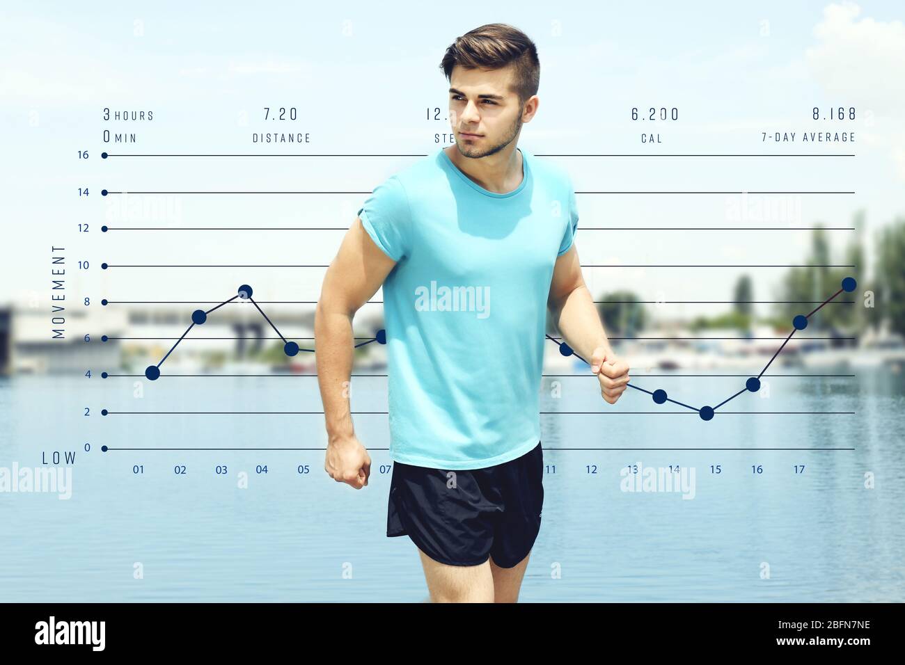 Young man jogging near river. Graphic of training results. Health care ...