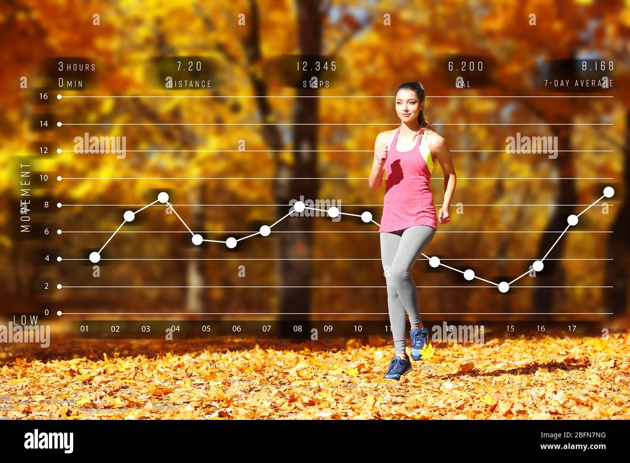 Young woman jogging at park. Graphic of training results. Health care ...