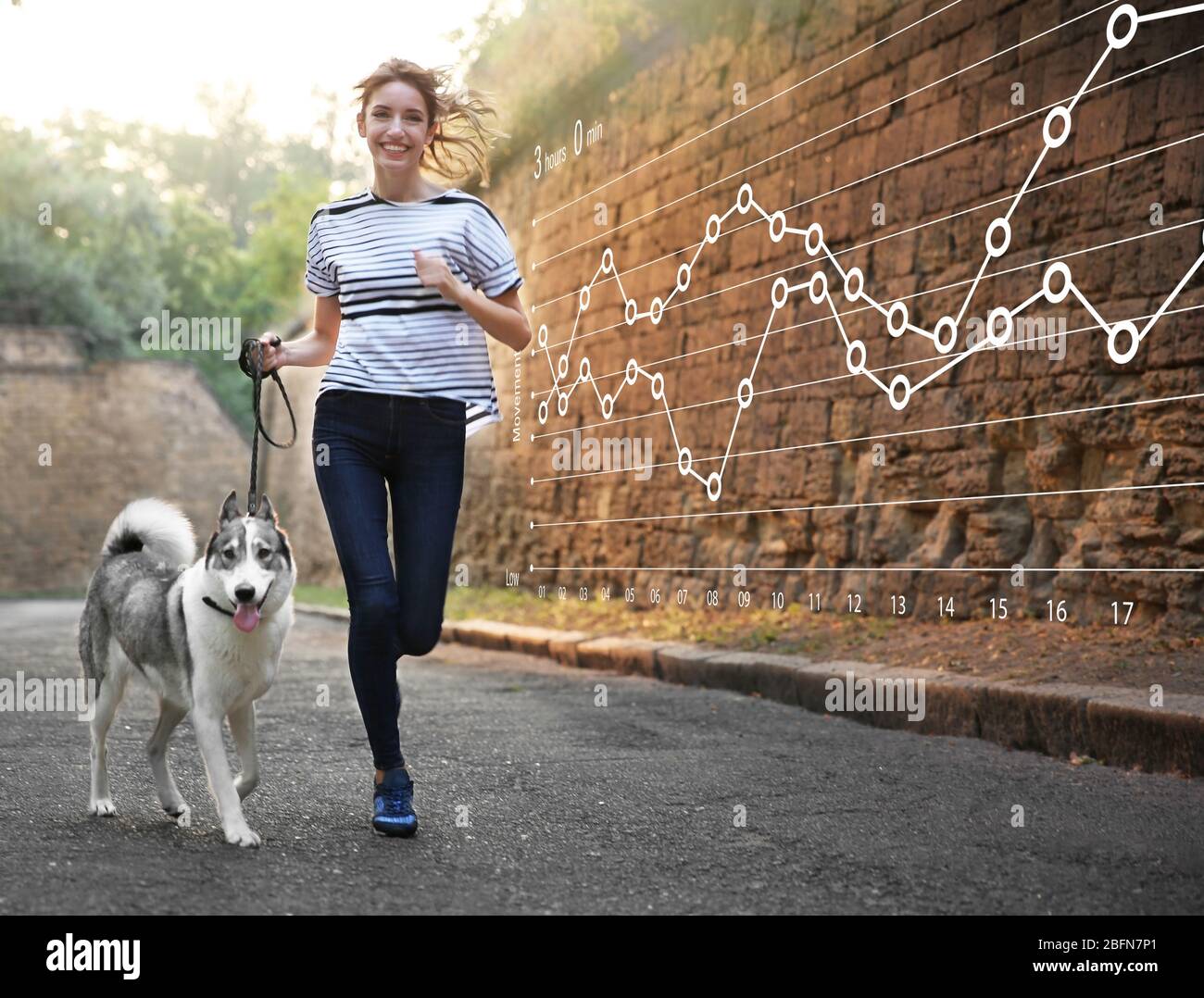 Young woman jogging with dog. Graphic of training results. Health care ...
