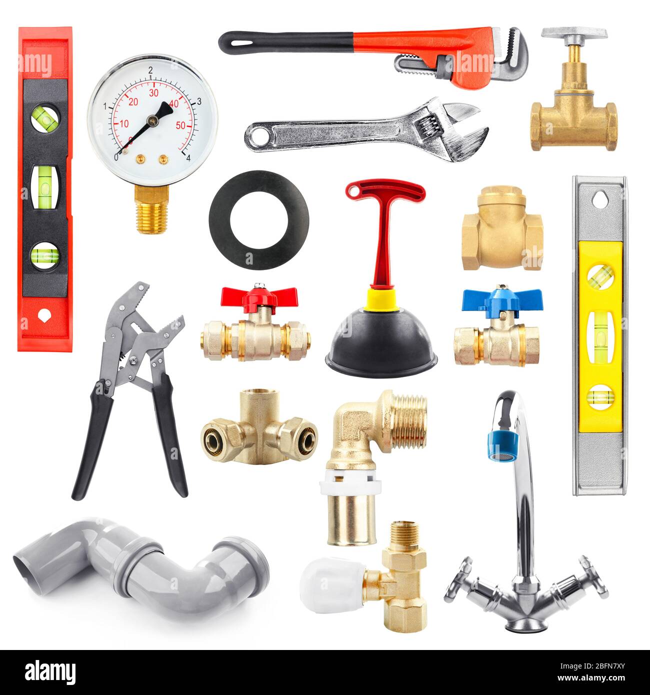 Set of plumbing equipment on white background Stock Photo - Alamy