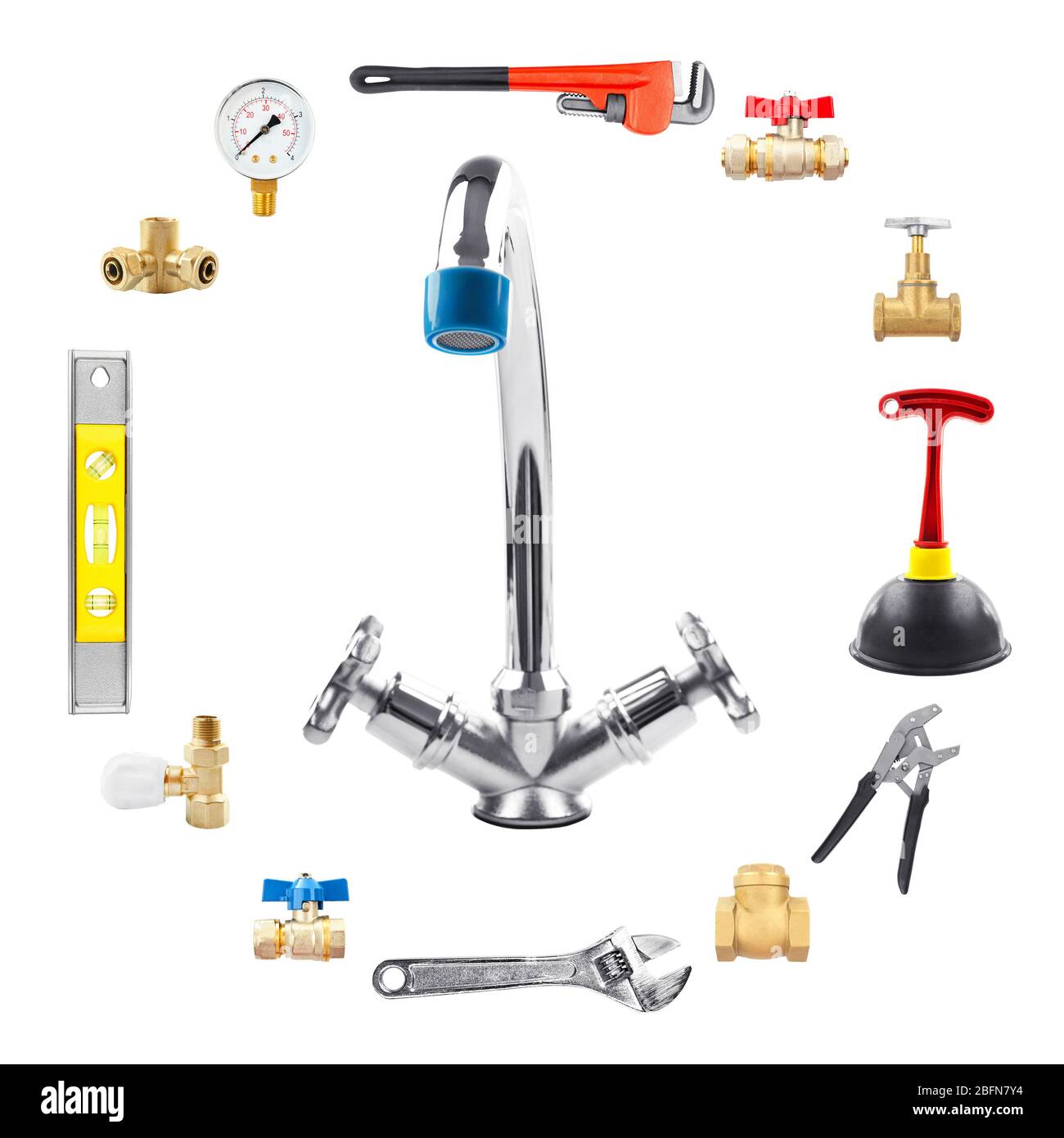 Set of plumbing equipment on white background Stock Photo - Alamy