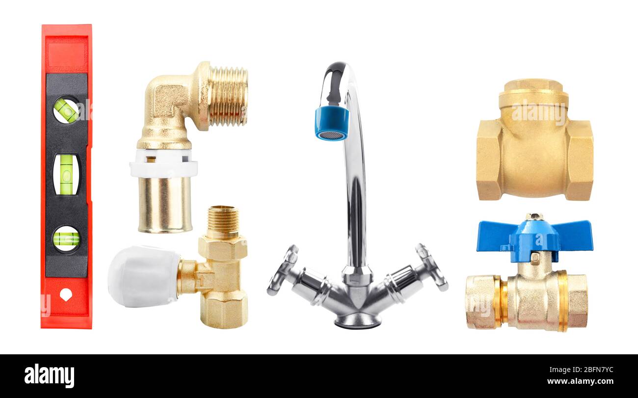 Set of plumbing equipment on white background Stock Photo - Alamy