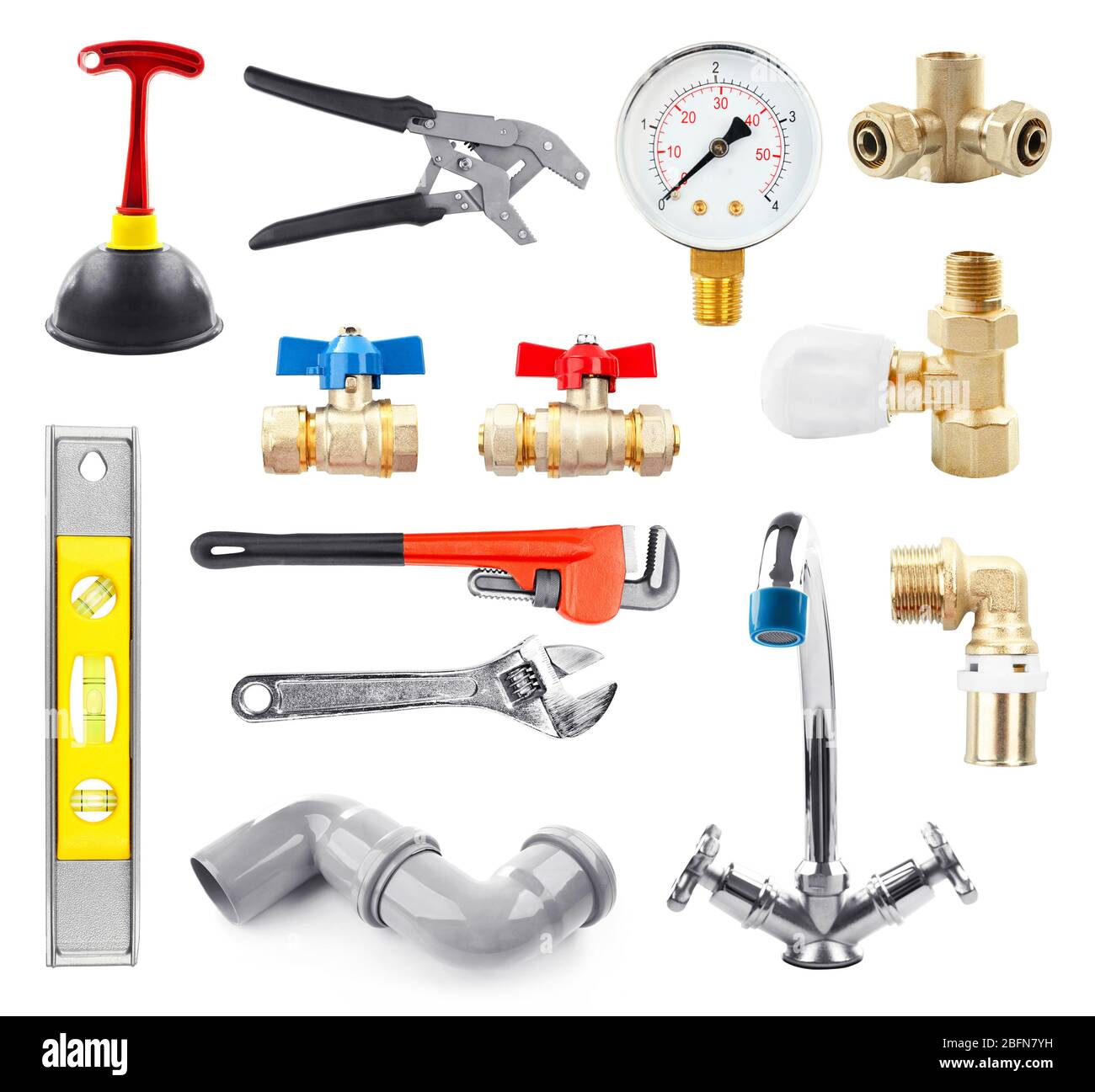 Set of plumbing equipment on white background Stock Photo - Alamy