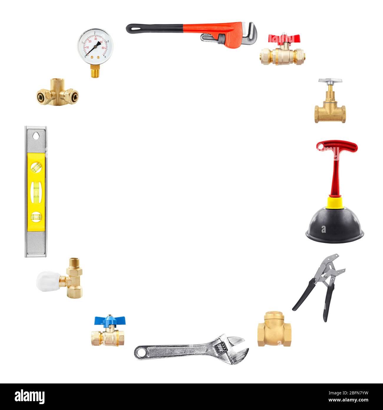Set of plumbing equipment on white background Stock Photo - Alamy