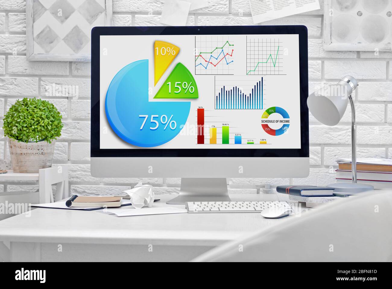 Modern workplace at office. Business presentation on monitor screen ...