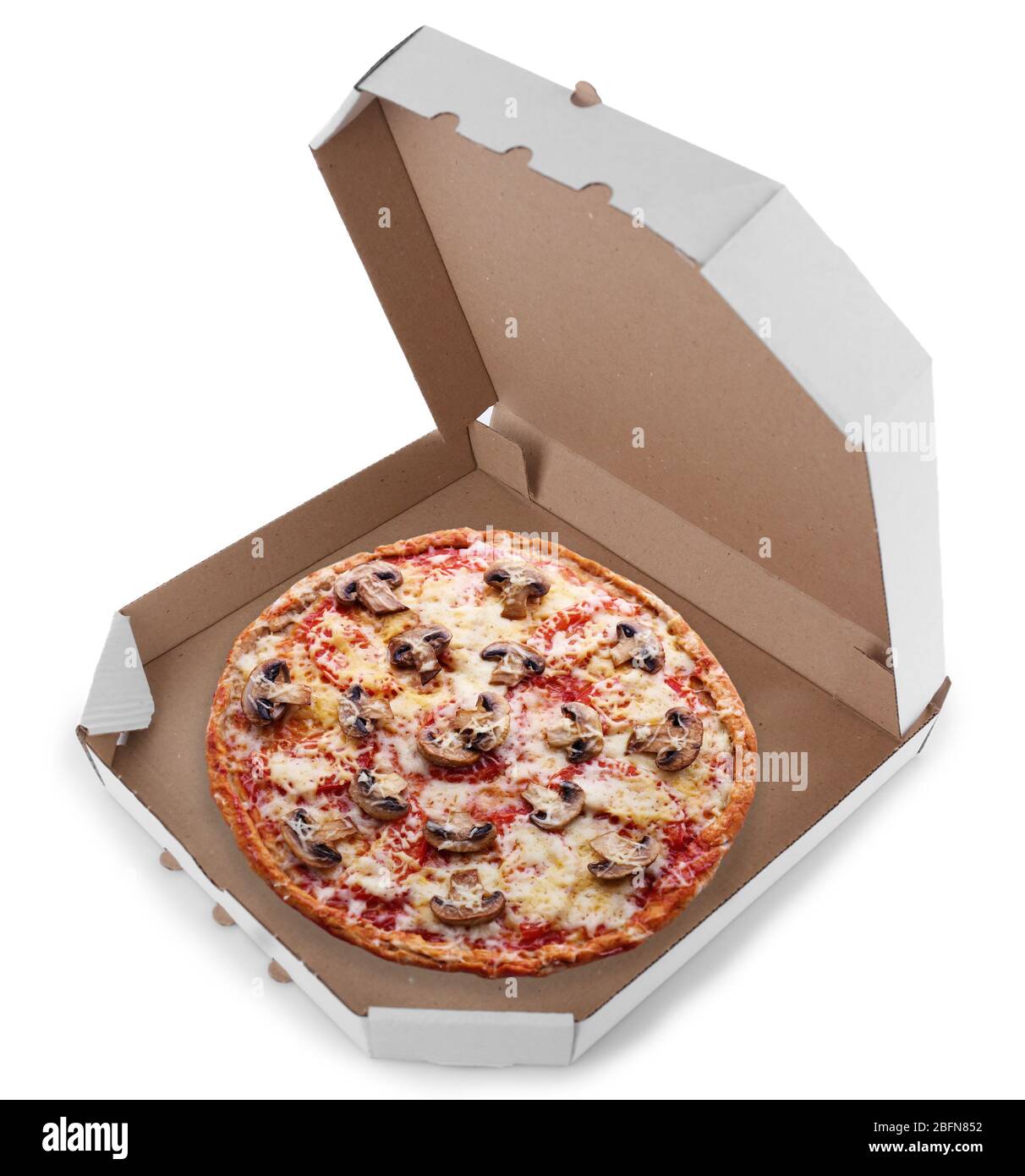 Delivery box with delicious pizza on white background Stock Photo - Alamy