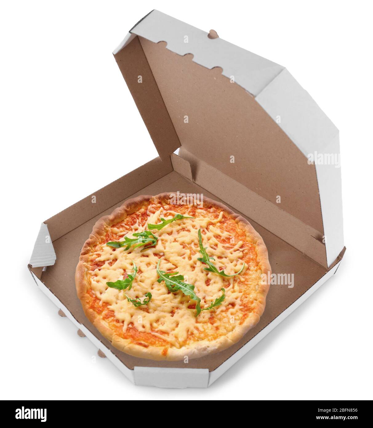 Delivery box with delicious pizza on white background Stock Photo - Alamy