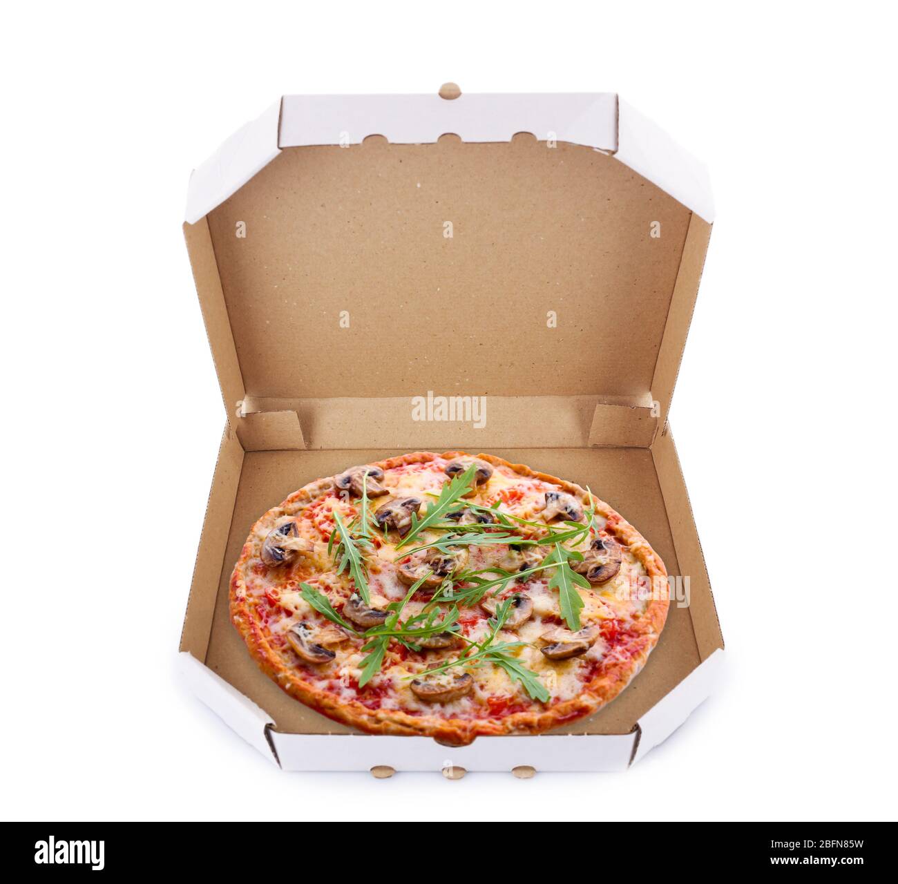 Delivery box with delicious pizza on white background Stock Photo - Alamy