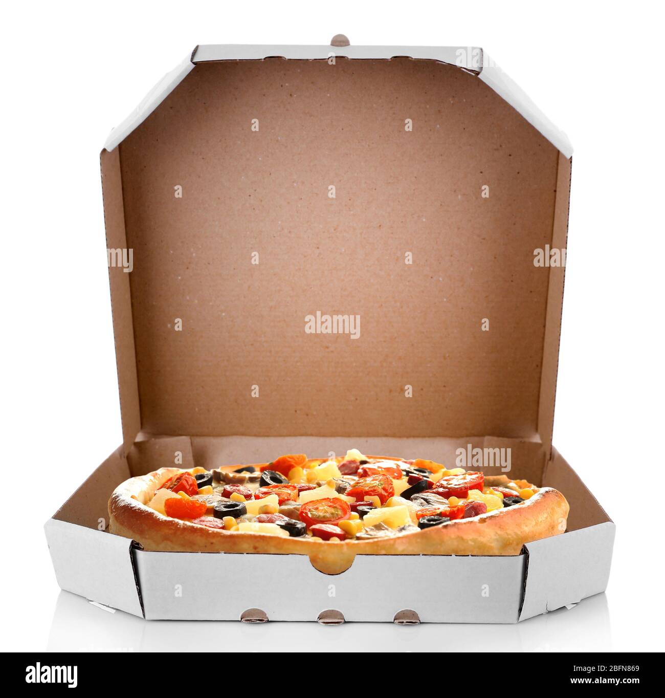 Delivery box with delicious pizza on white background Stock Photo - Alamy