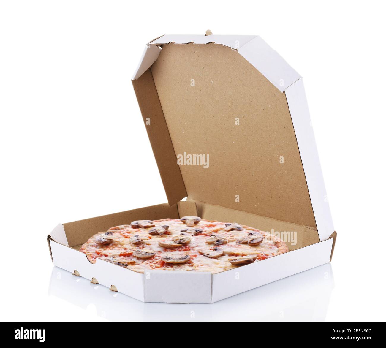 Delivery box with delicious pizza on white background Stock Photo - Alamy