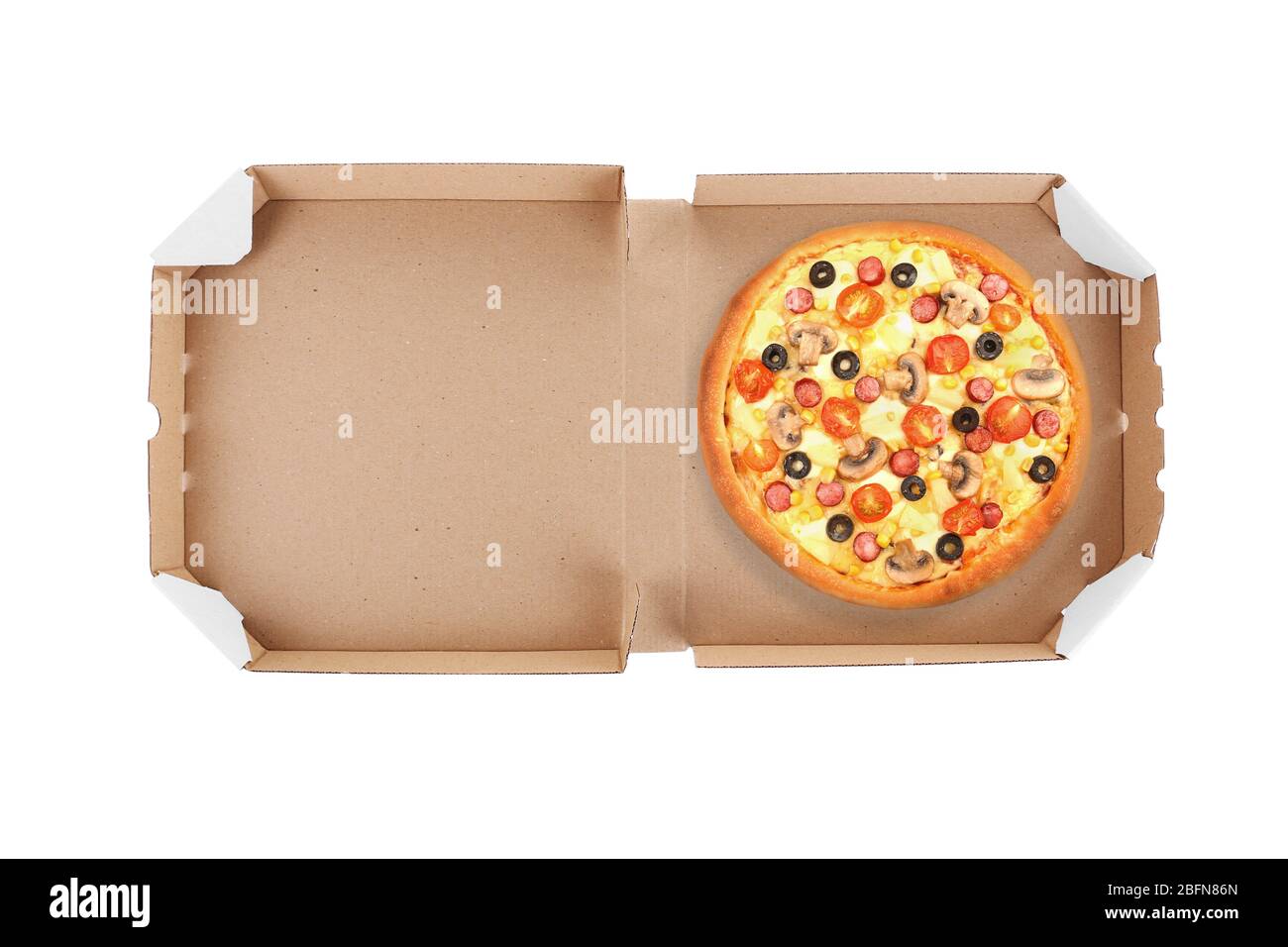 Delivery box with delicious pizza on white background Stock Photo - Alamy