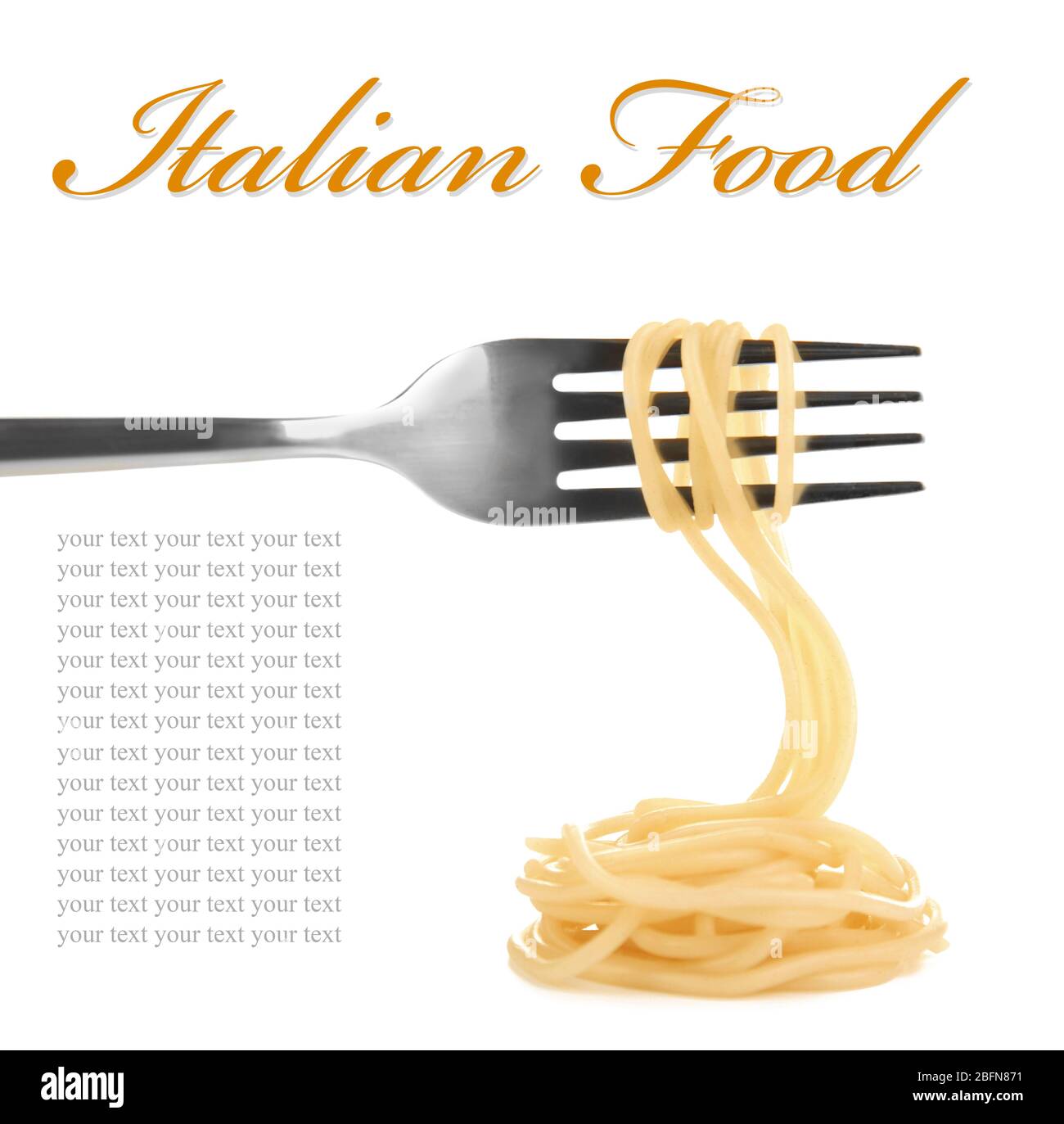 Fork with delicious spaghetti. Text ITALIAN FOOD on white background ...