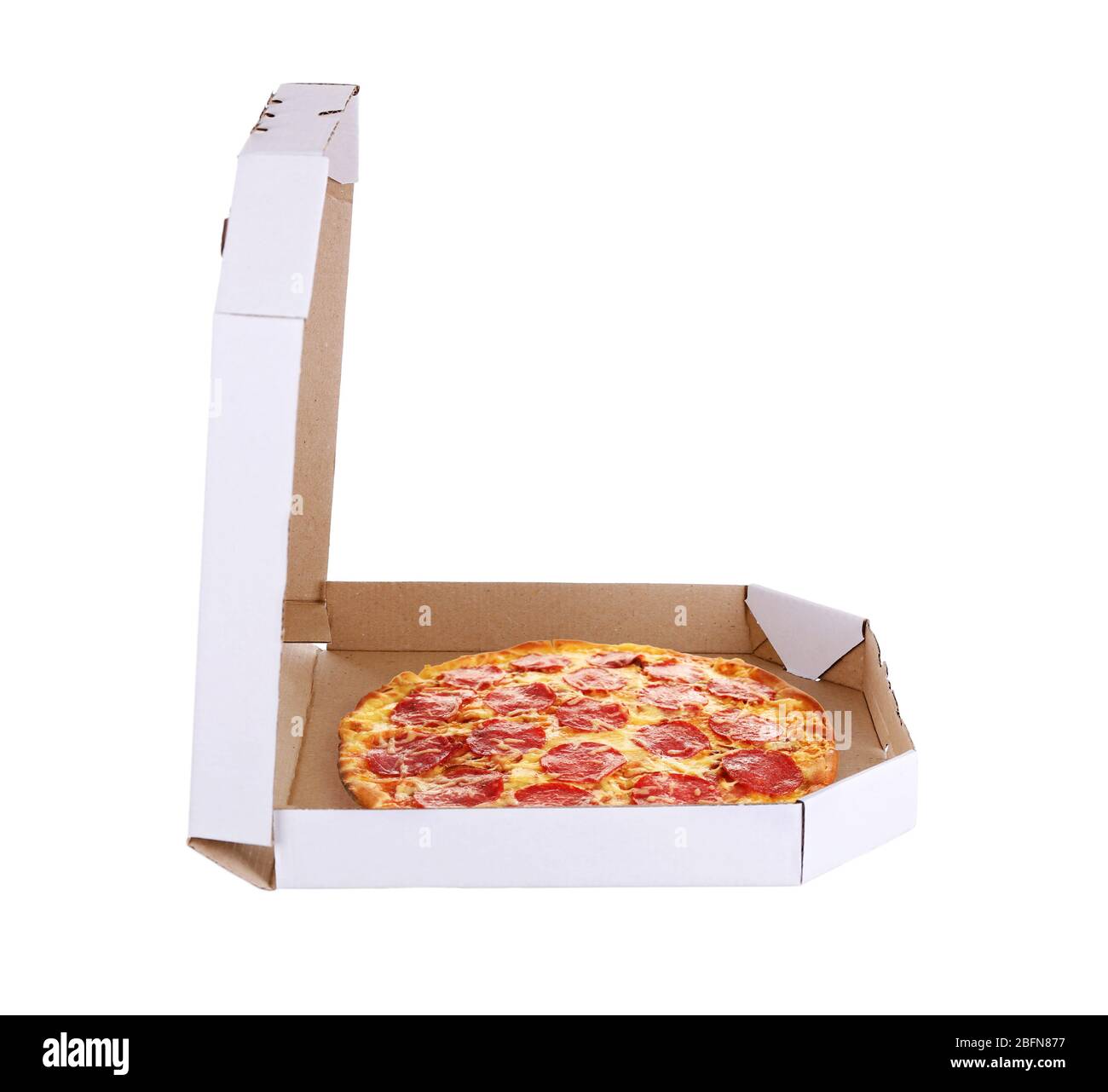 Delivery box with delicious pizza on white background Stock Photo - Alamy
