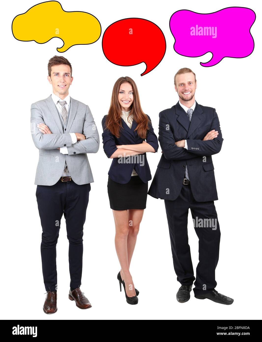 Group of business people with colorful word bubbles on white background ...