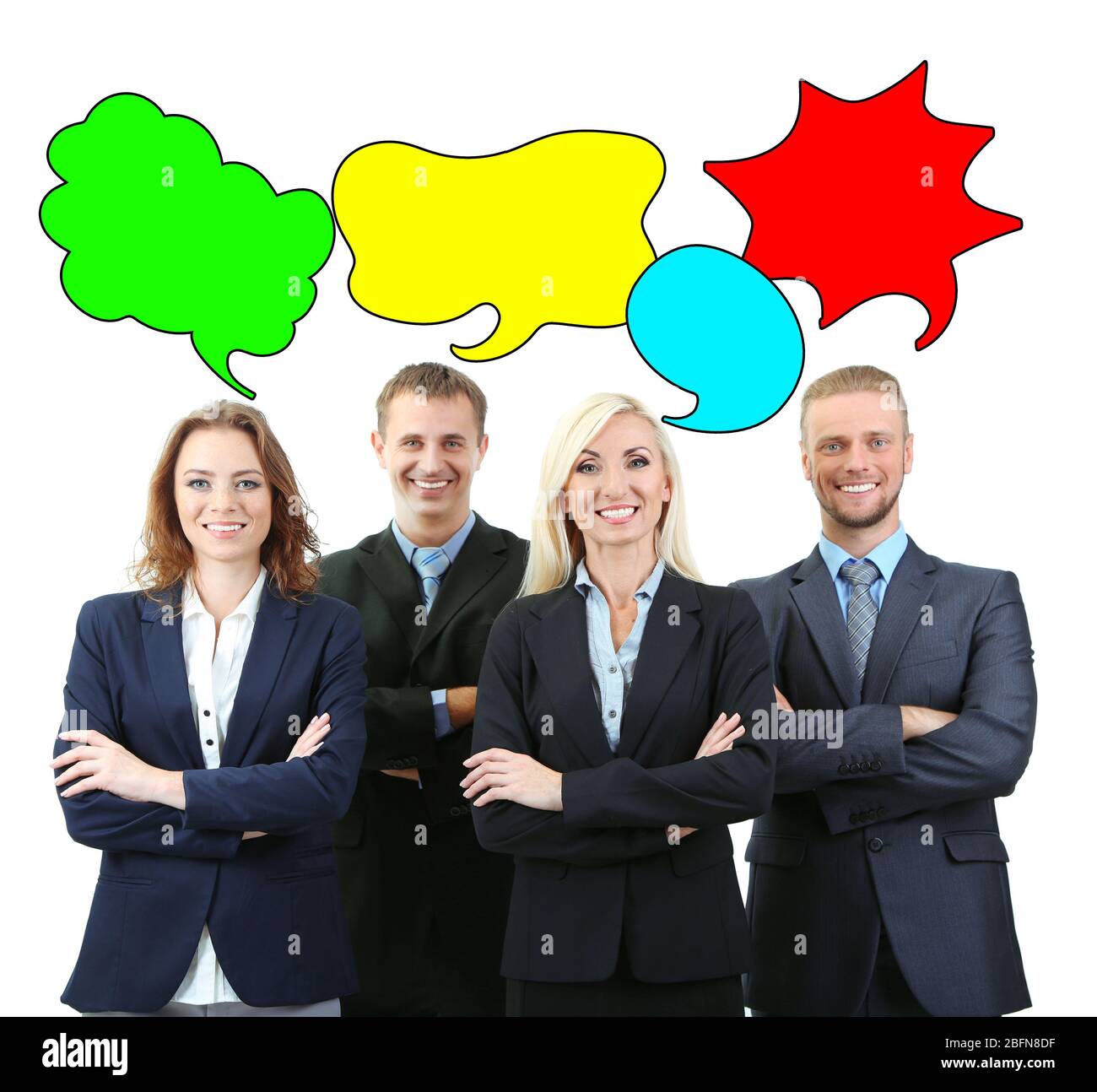 Group of business people with colorful word bubbles on white background ...