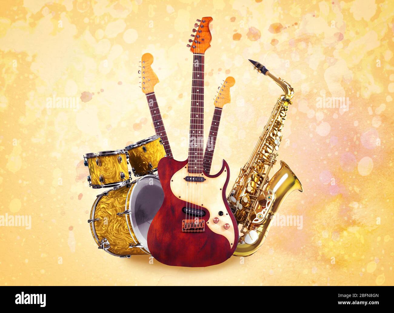 Creative art work concept. Set of musical band instruments on bright ...