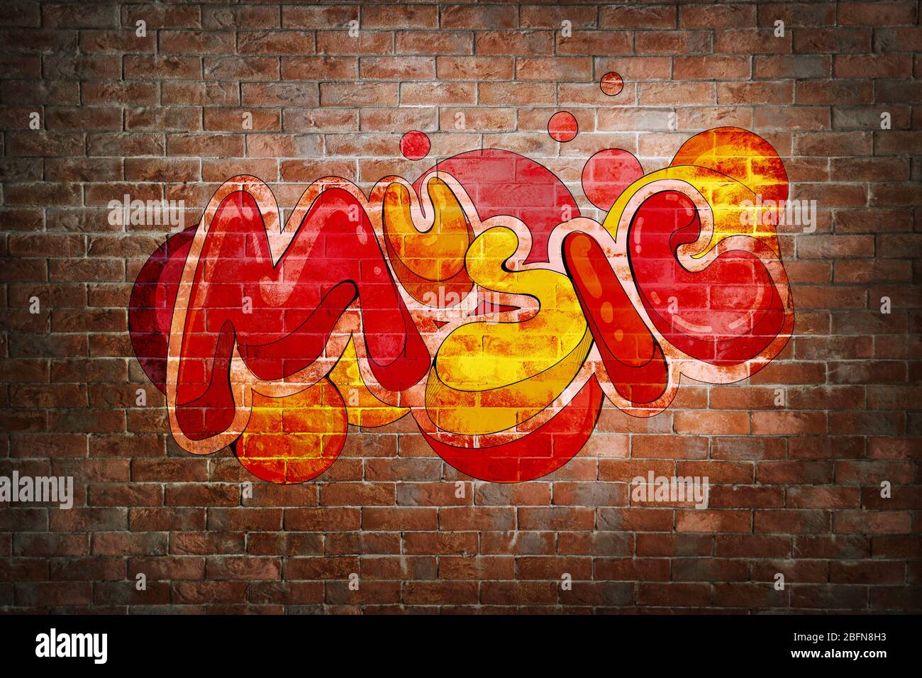 Colorful word MUSIC on brick wall background. Graffiti style Stock ...