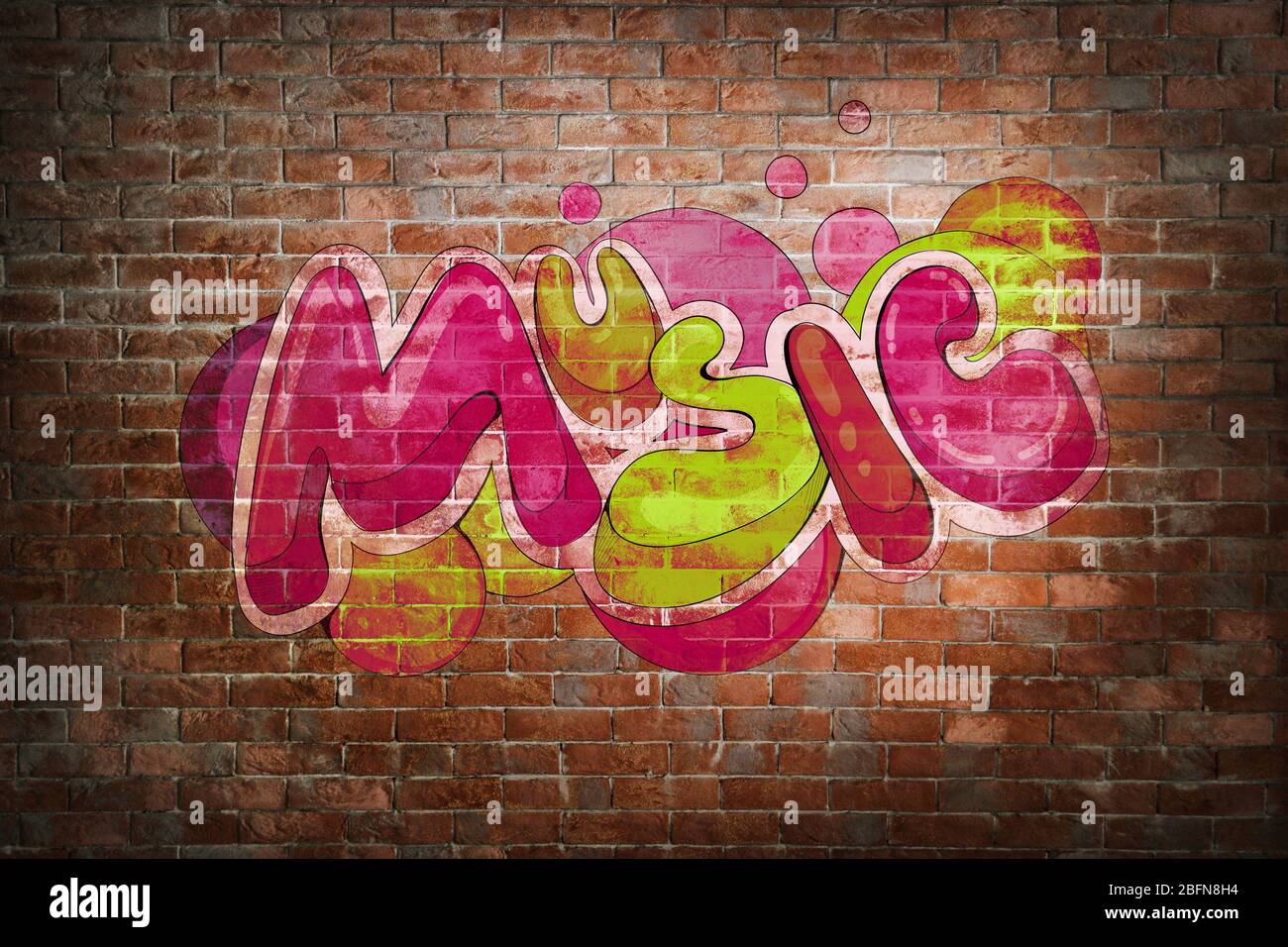 Colorful word MUSIC on brick wall background. Graffiti style Stock ...