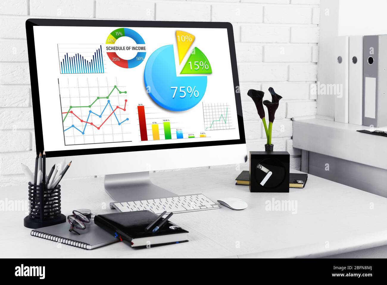 Modern workplace at office. Business presentation on monitor screen ...