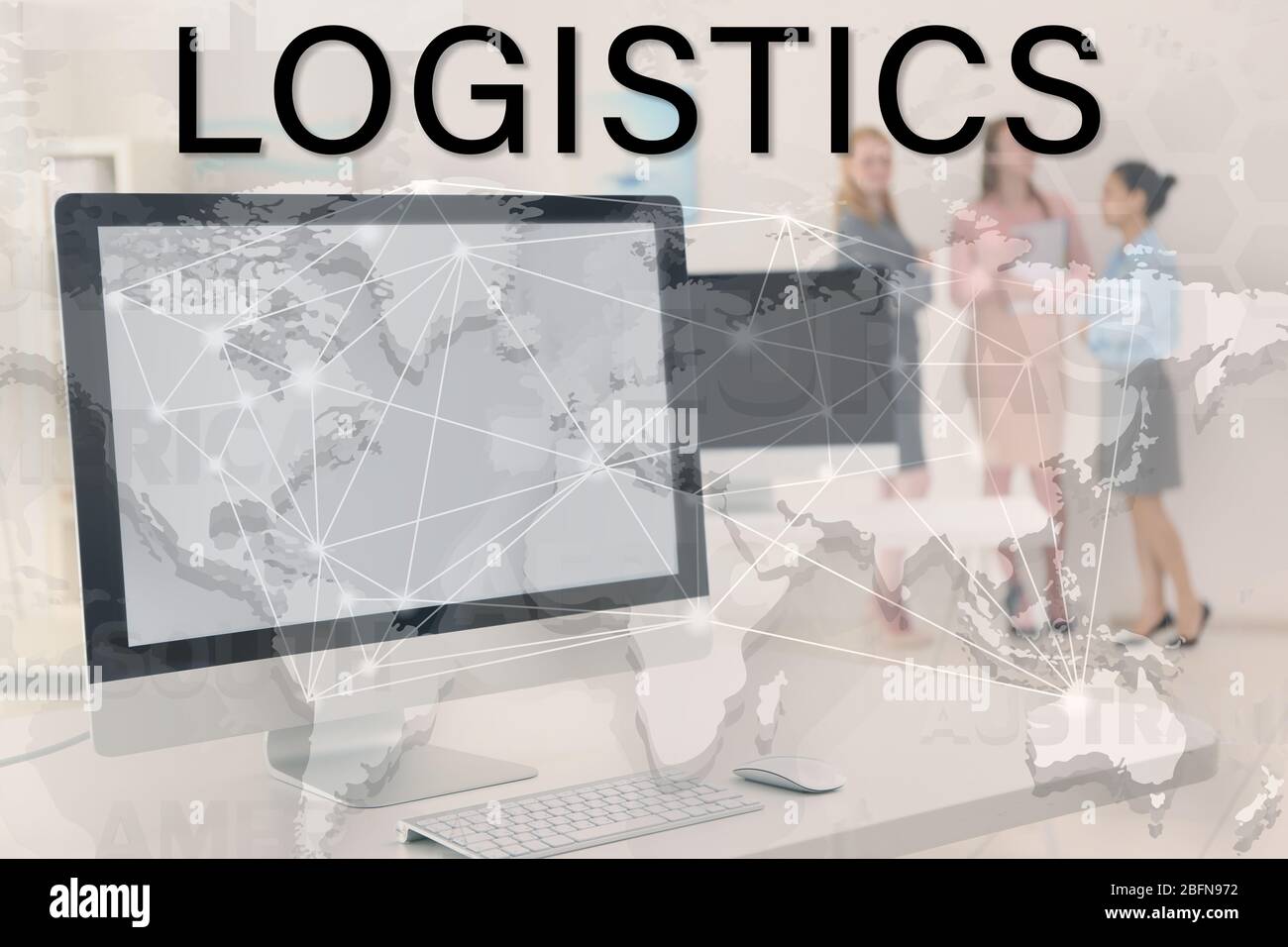 Word LOGISTICS and world map on office background. Business concept ...