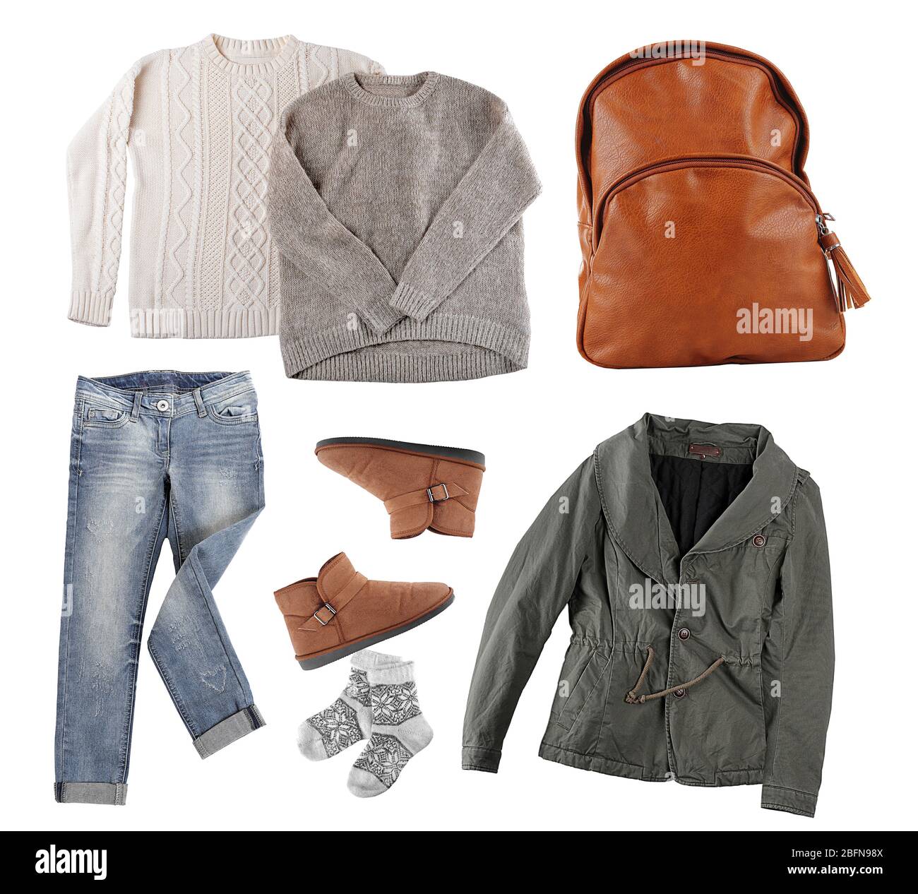 Set of stylish winter clothes on white background. Style and fashion ...