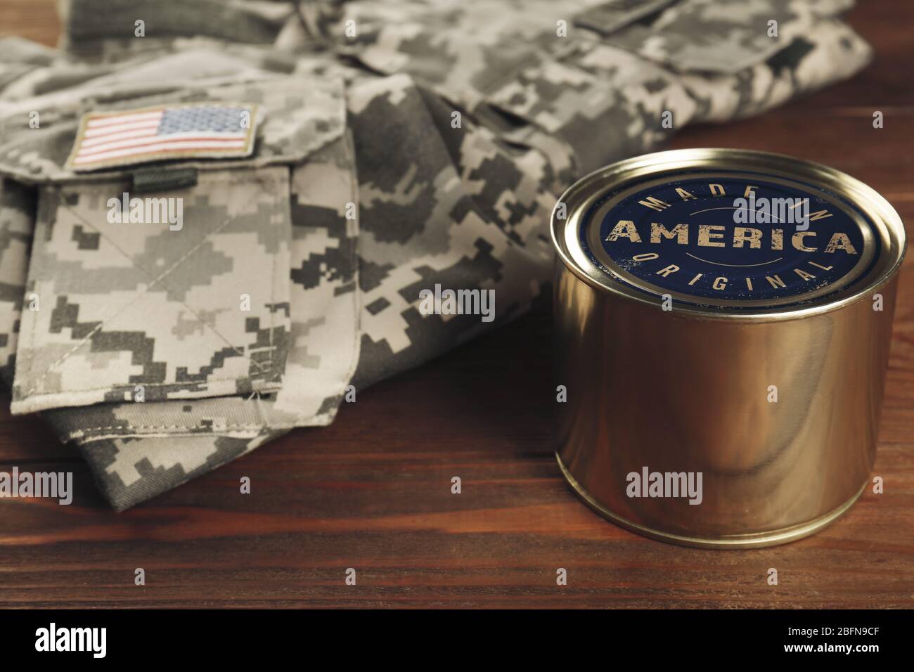 Tin of combat ration with text MADE IN AMERICA ORIGINAL and military ...