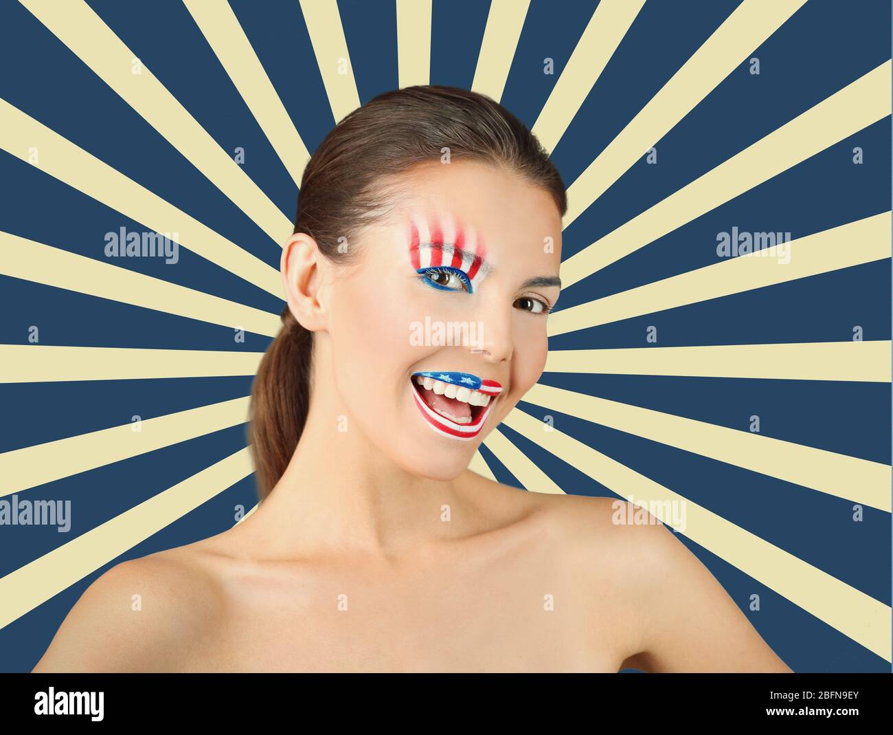 Young woman with creative USA flag makeup on bright background Stock ...