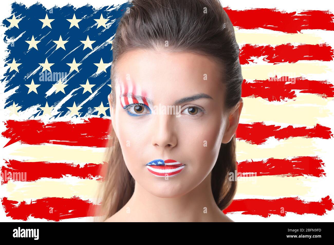 Young woman with creative makeup on USA flag background Stock Photo - Alamy