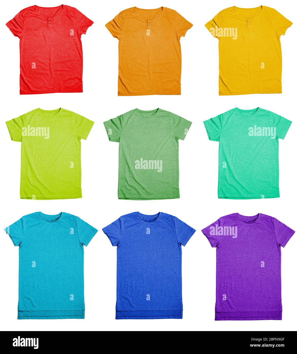 Collection of colorful t-shirts on white background Stock Photo - Alamy