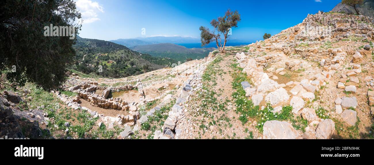 Minoan site of Azoria on a double peaked hill overlooking the Gulf of ...