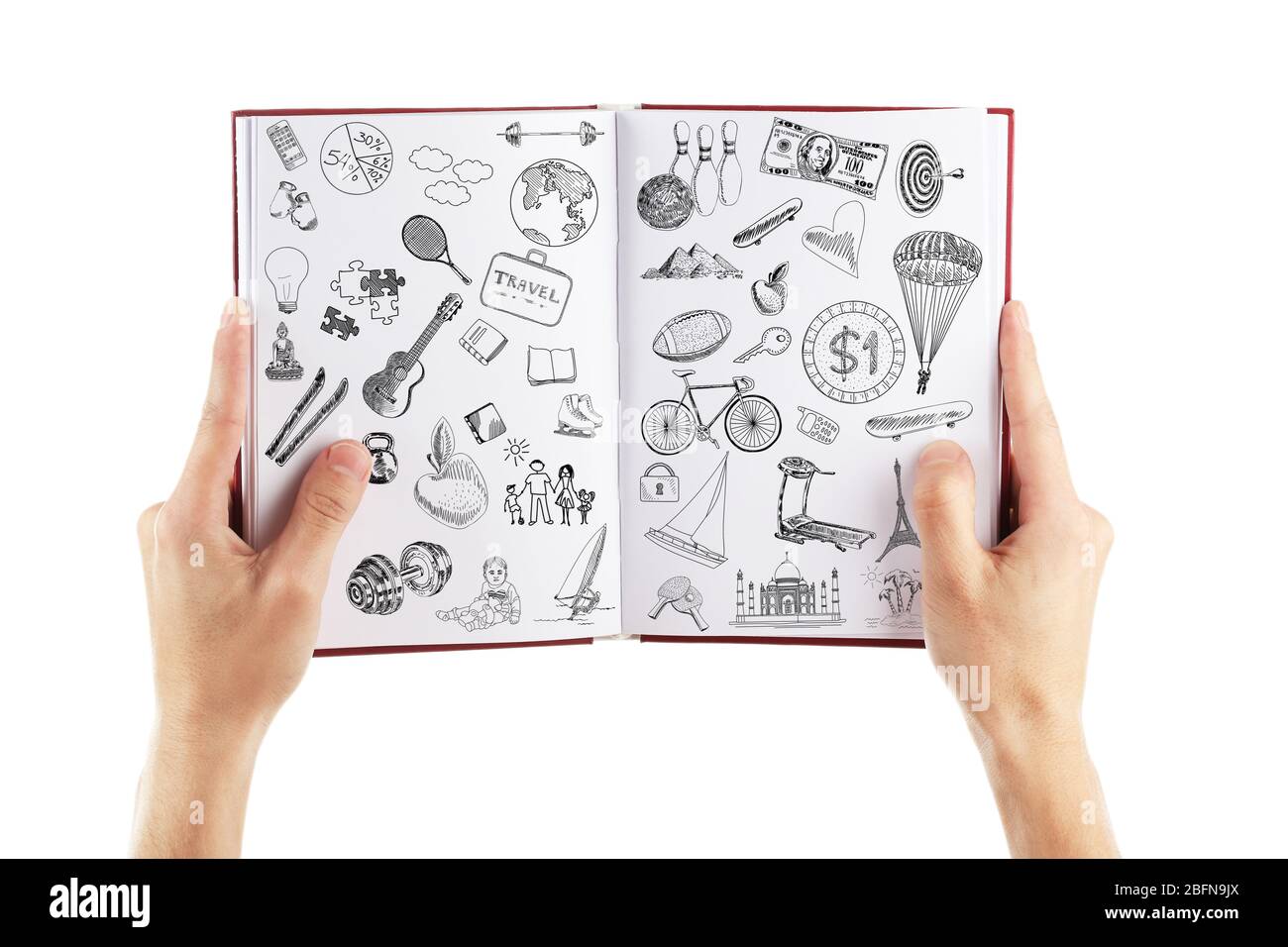 Male hands holding notebook with drawings on white background. Creative ...