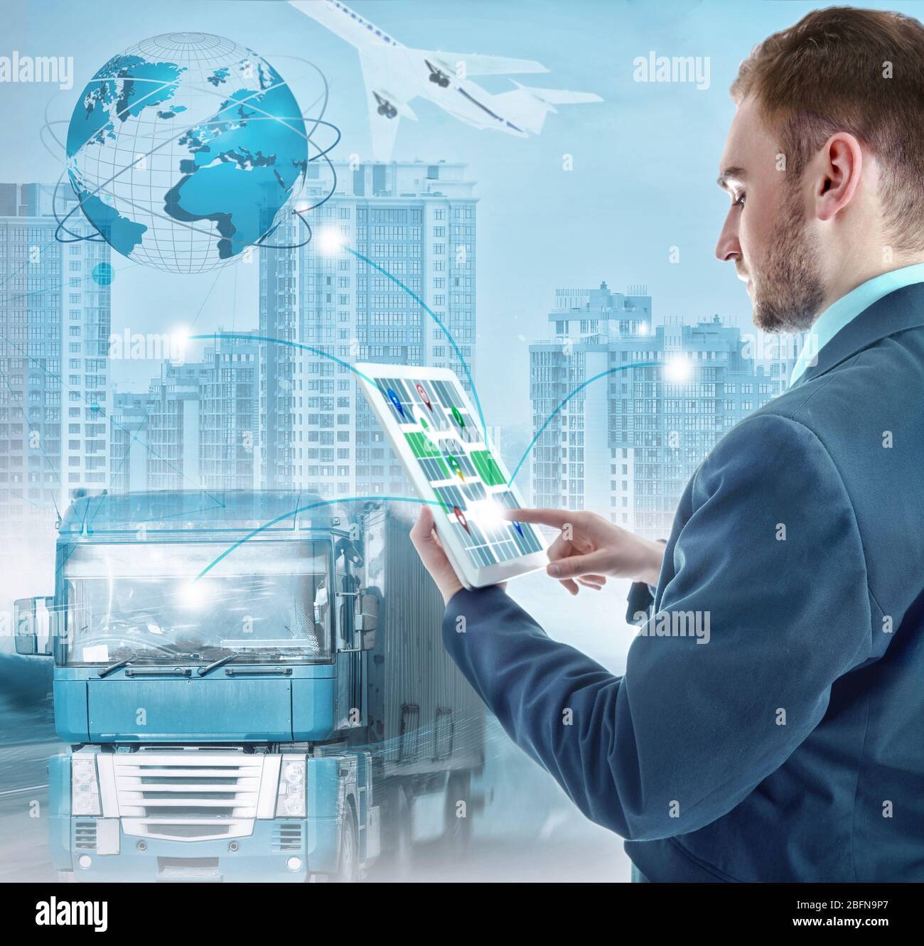 Young man with tablet on cityscape background. Map with delivery ...