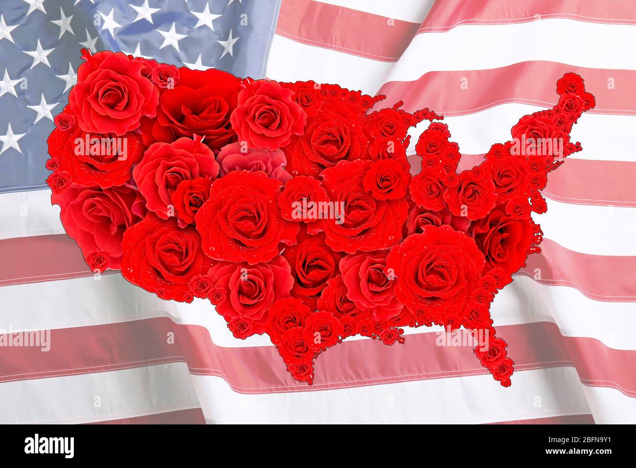 Floral design of USA map on national flag background Stock Photo - Alamy