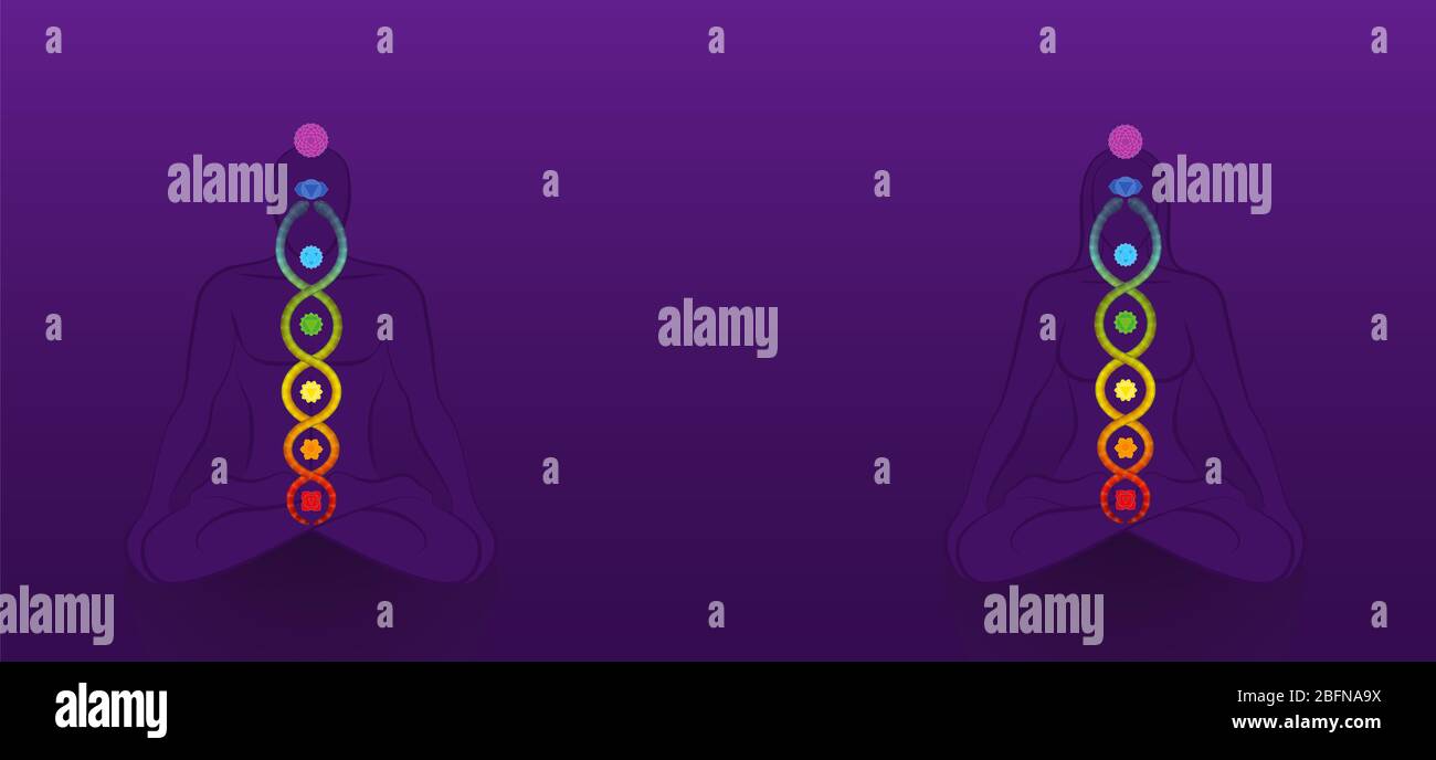 Kundalini - coiled snake. Meditating yoga couple with chakras on violet ...