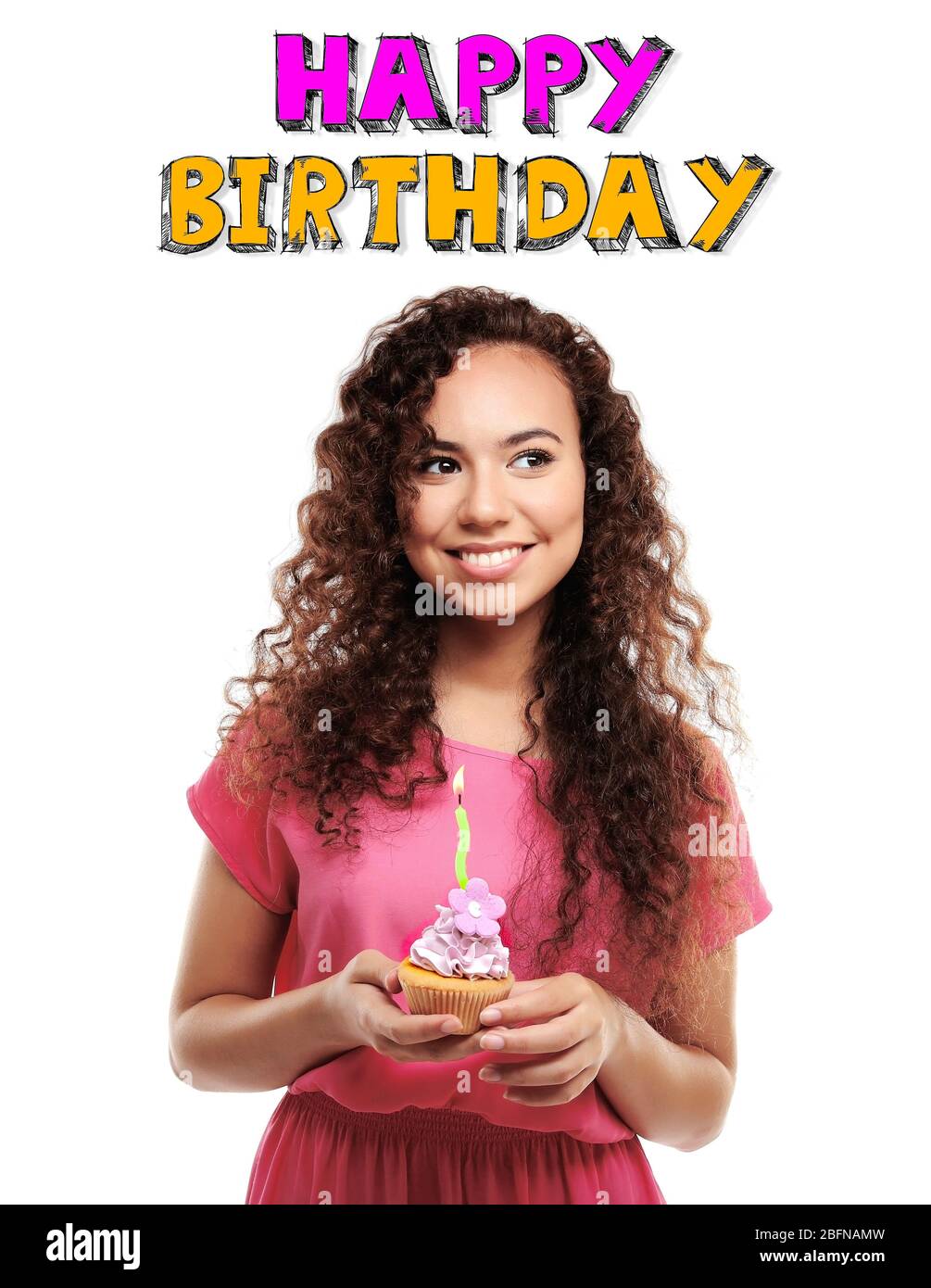 Beautiful African-American girl with birthday cupcake on white ...