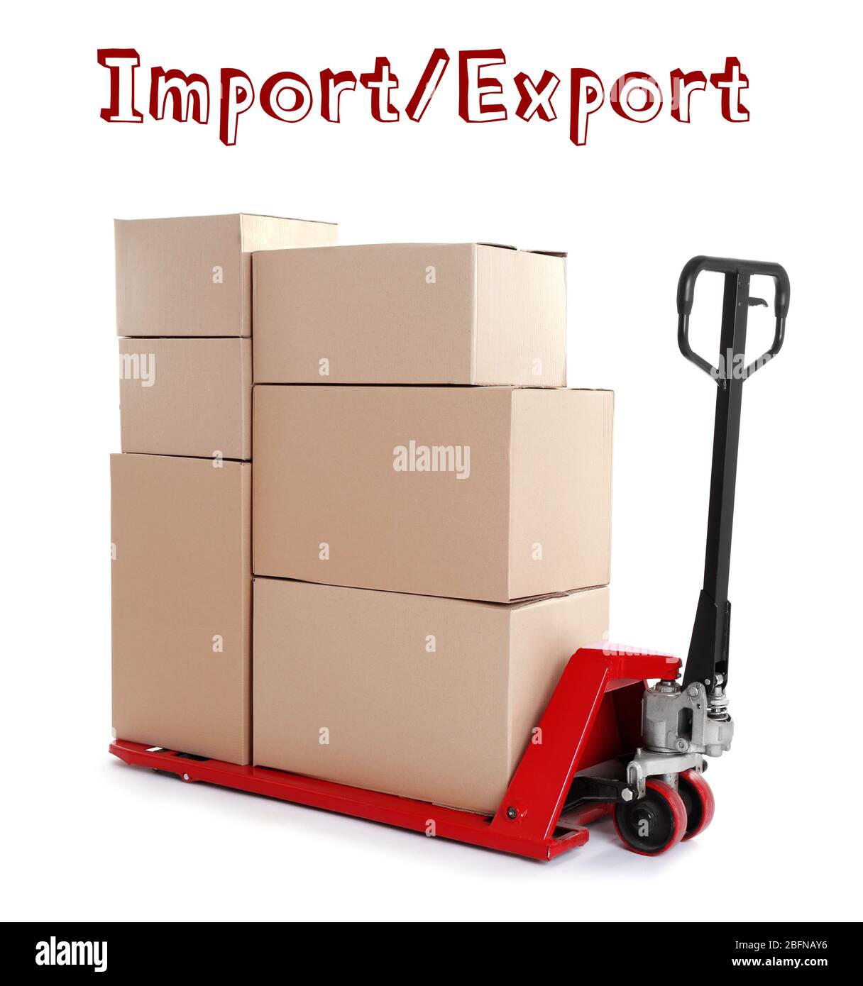 Text IMPORT/ EXPORT and palette truck with cardboard boxes on white ...