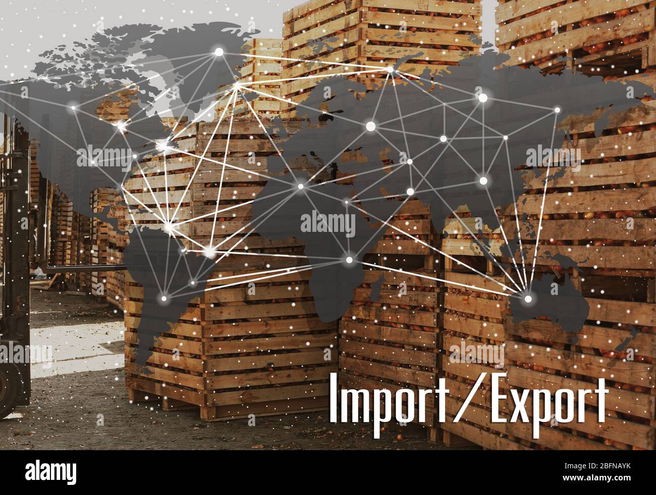 World map and text IMPORT/EXPORT on background. Wooden crates with ...