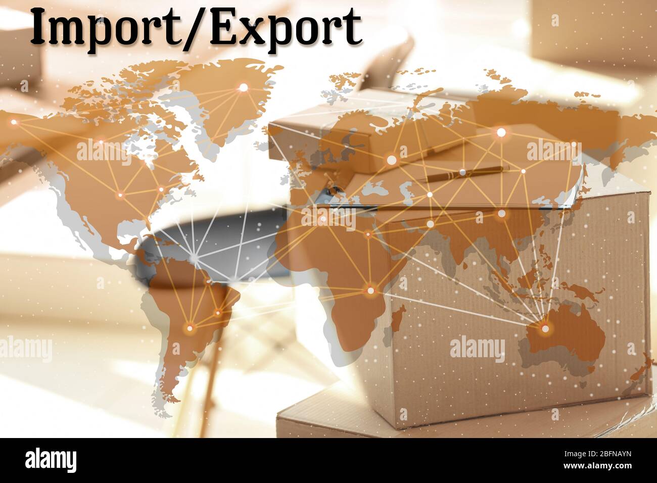 World map and text IMPORT/EXPORT on background. Cardboard boxes at ...
