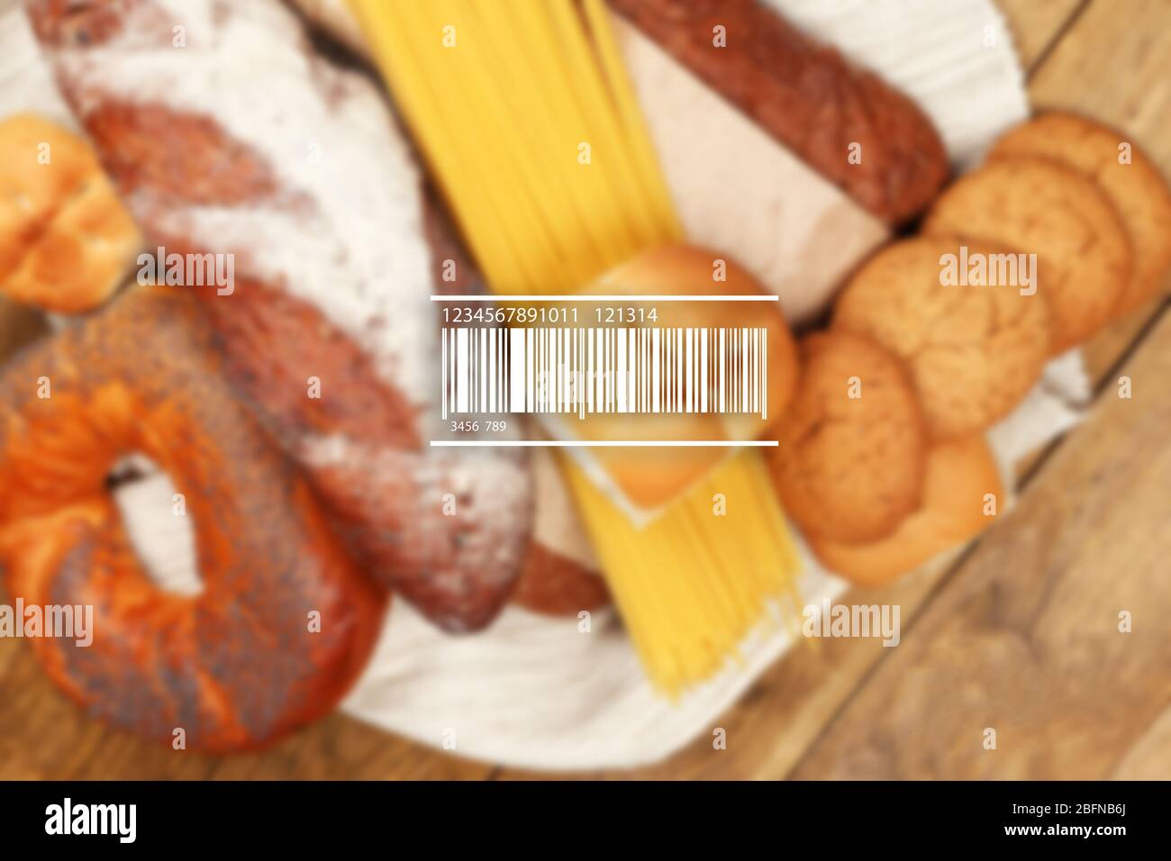 Barcode on blurred bakery products background. Wholesale and retail ...
