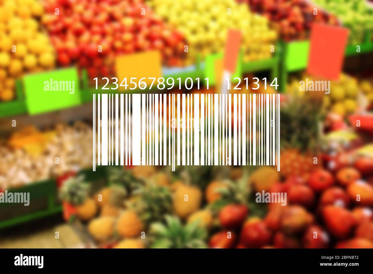 Barcode on blurred products background. Wholesale and retail concept ...